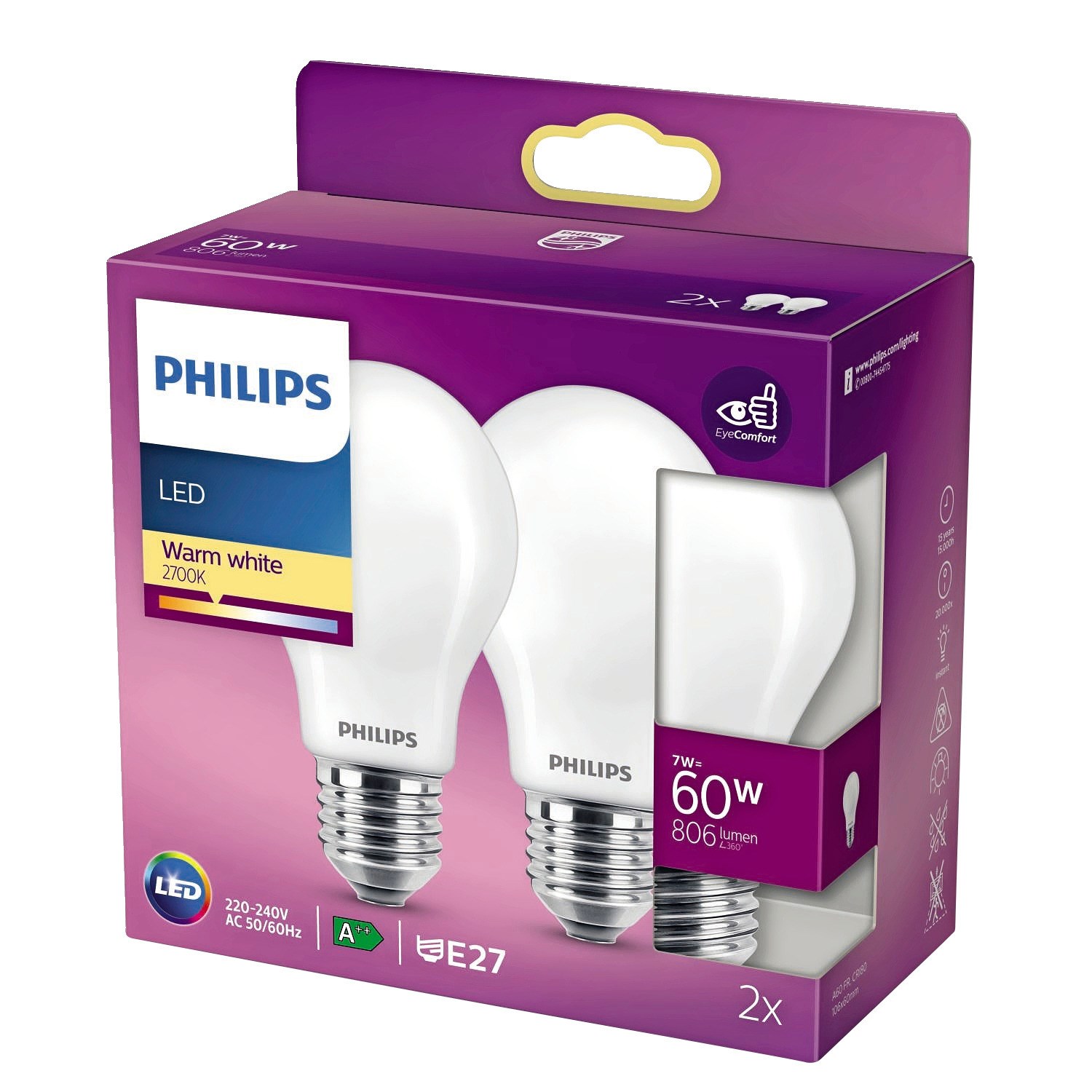 Philips LED 60W E27 standard mat 2-pak