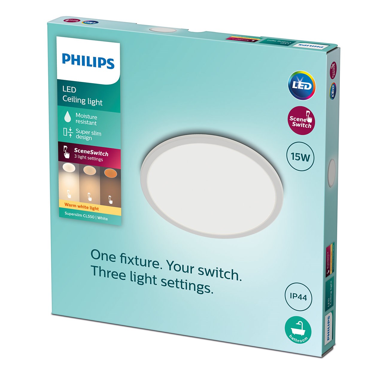Philips SceneSwitch Superslim CL550 plafond 15W 2700K IP44 i hvid Ø25 cm