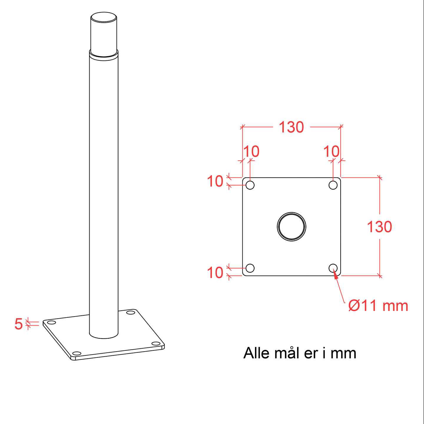 Stolpefod til kompositstolpe - til fundament max. hegnshøjde 145 cm