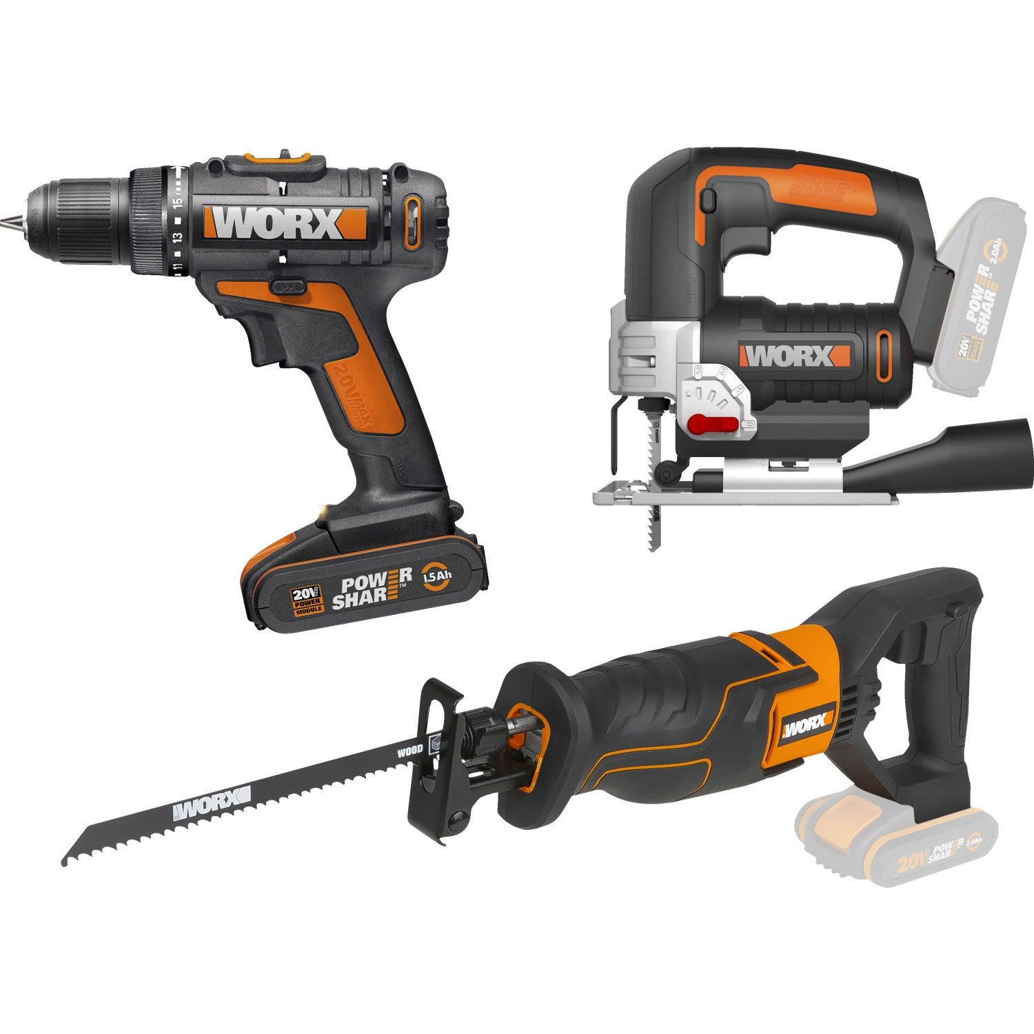 Worx WX6 Kombisæt med 3 maskiner, batteri og lader